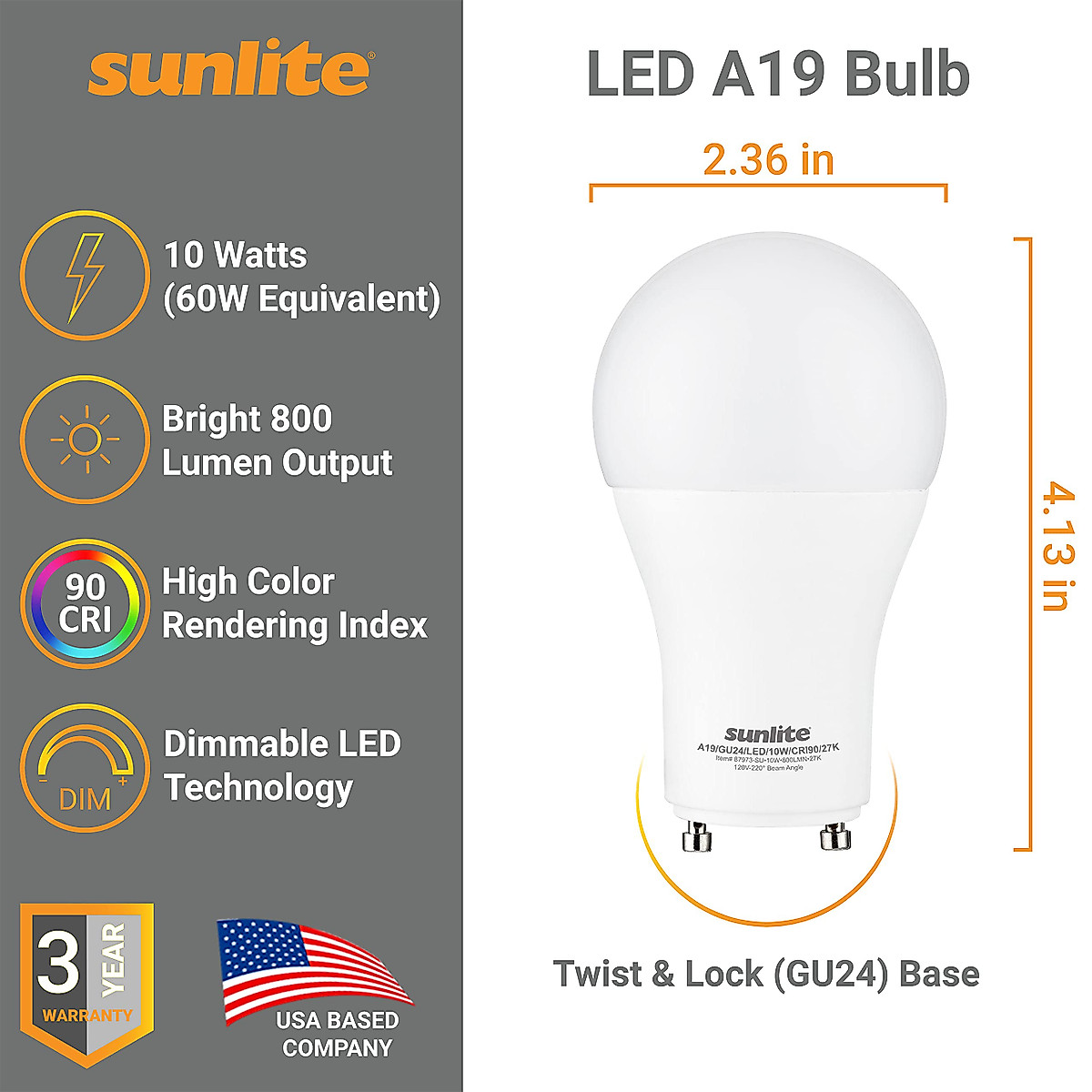 Sunlite A19 GU24 Dimmable Light Bulb, 10 Watts (60W Equivalent) 800 Lumens, 2 Prong LED Twist and Lock Base, 90 CRI, UL Listed, Energy Star, Title 20 Compliant, 2700K Soft White, 6 Pack