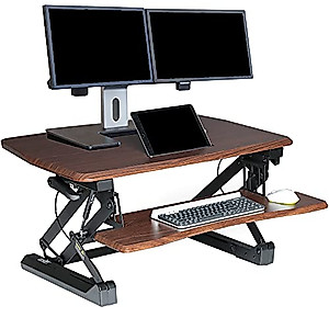 Seville Classics AIRLIFT 36" Gas-Spring Height Adjustable Standing Desk Converter Workstation Ergonomic Dual Monitor Riser with Keyboard Tray and Phone/Tablet Holder, Walnut
