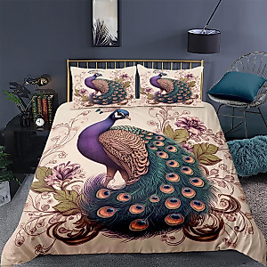 CCoutueChen Purple Peacock Duvet Cover Queen Size, Unique Exotic Animal Bedding Set Colorful Flower Bird Duvet Covers Set Boho Chic Bedding Set, with 2 Pillowcases（Girls Women Adult）