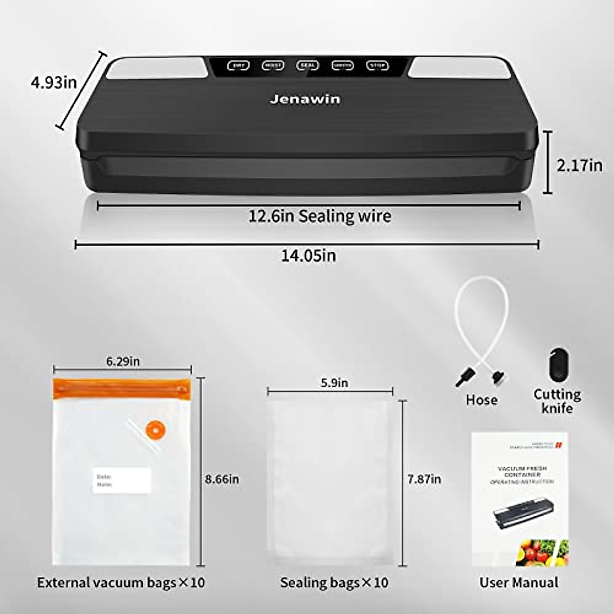 Jenawin Vacuum Sealer Machine,80kpa Full Automatic Food Seal a Meal Sealer,Portable Dry/Moist for Airtight Food Storage with 20 Vacuum Seal Bags & 1 Air Suction Hose and Cutter Kit