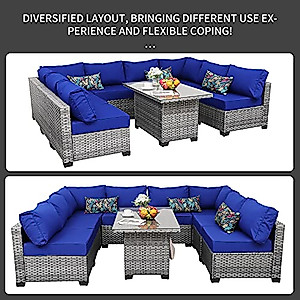 Rattaner 9-Piece Outdoor Sectional Wicker Furniture Set Patio Furniture Conversation Couch Set Storage Glass Table with Thicken(5") Anti-Slip Blue Cushions Furniture Cover