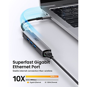 USB C to Ethernet Adapter, SAILLIN USB C Hub with RJ45 Gigabit and 3 USB 3.0 Ports, Thunderbolt 3 Multiport Adapter Hub 4 in 1 for MacBook Pro/Air, iPad Pro, iMac, Dell XPS, Surface Pro, Chromebook