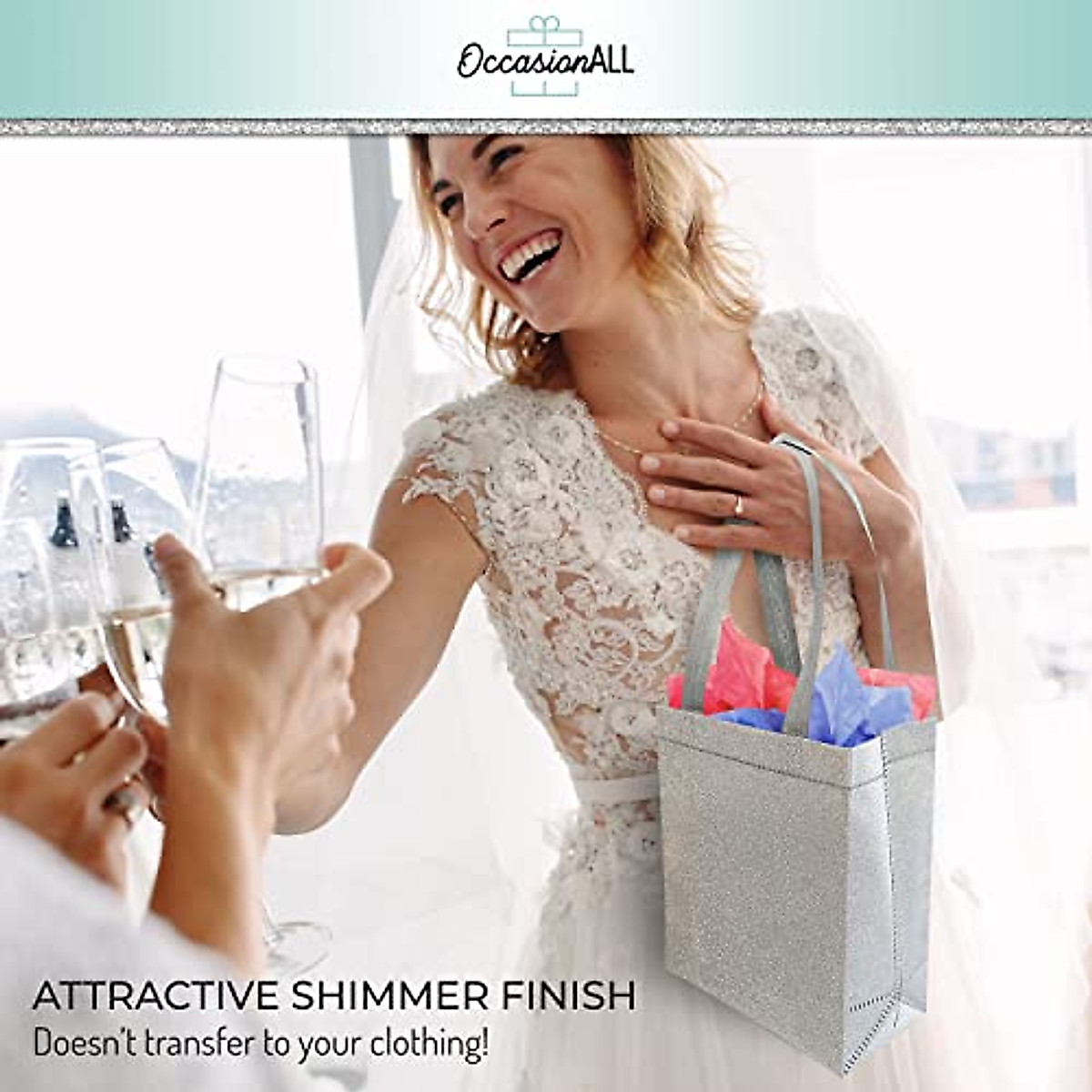 Silver Gift Bags - 12 Pack Medium Silver Reusable Gift Bag Tote with Handles, Glitter Metallic Bling Shimmer, Eco Friendly for Kids Birthdays, Bridesmaids, Party Favors, Grocery Shopping - 8x4x10