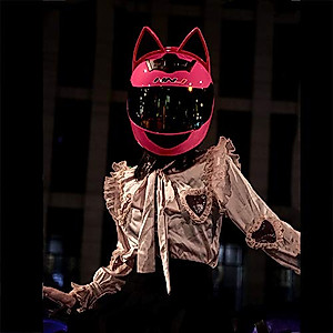 Cat Ear Motorcycle Helmet,Men and Women Cool Cute Cat Full Face Helmet,DOT Certification Standard,Suitable for All Seasons,Pink,M