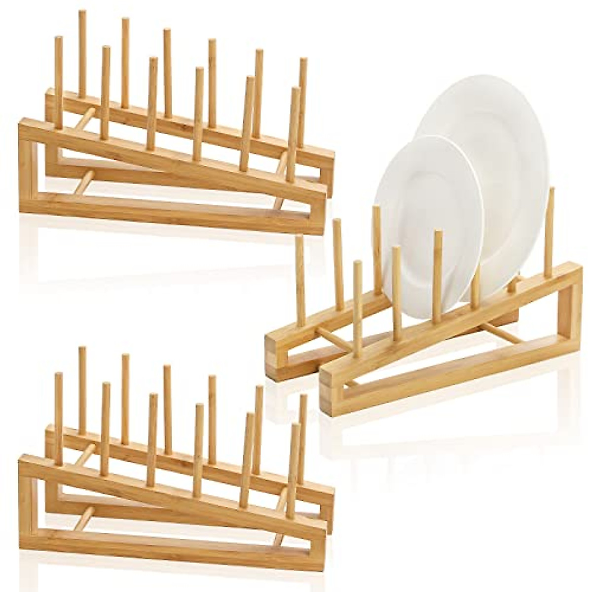 Yesland 3 Pack Wooden Dish Rack - Upgraded Bamboo Plate Bottle Drying Rack Dish Rack Stand - Kitchen Storage Cabinet Organizer for Pot Lid Dish Cup Cutting Board Bowl Water Bottles - Patent Pending