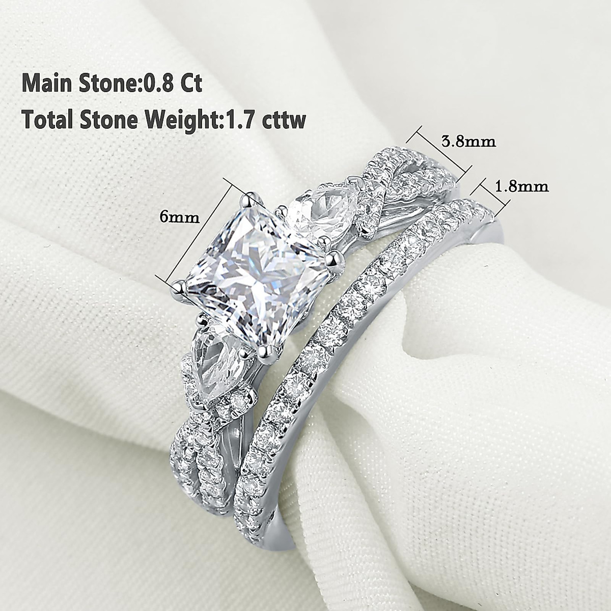 Newshe 1.7ct Princess Pear White AAAAA Cz 925 Sterling Silver Engagement Wedding Ring Set Size 7