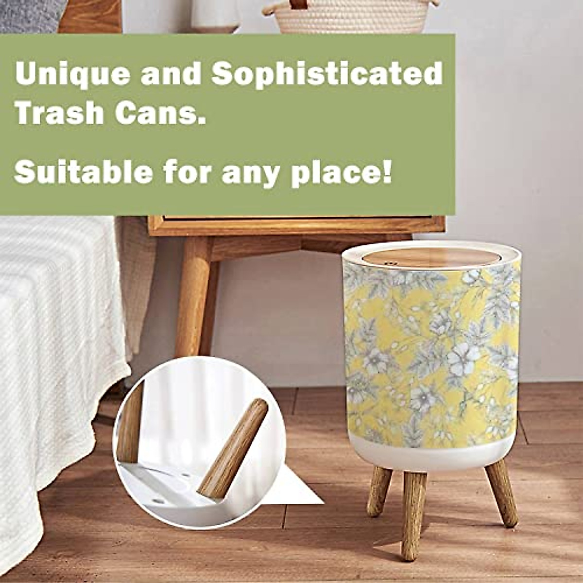 Small Trash Can with Lid Rose hips with flowers and berries seamless Graphic drawing engraving Wood Legs Press Cover Garbage Bin Round Waste Bin Wastebasket for Kitchen Bathroom Office 7L/1.8 Gallon