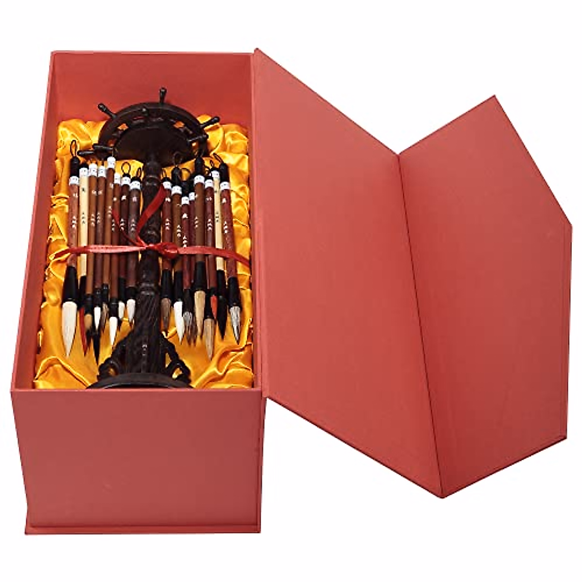 Golden Panda Master Calligraphy Brush Set–Rosewood/Bamboo Chinese Calligraphy Brush Set w/Rotating Stand & Magnet Close Box