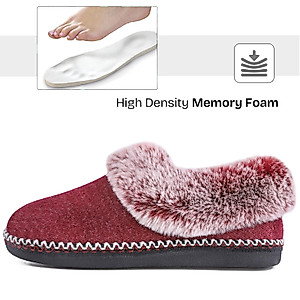 EverFoams Women's Luxury Wool Memory Foam Slippers with Fluffy Faux Fur Collar and Indoor Outdoor Sole (Burgundy, Size 7 M US)