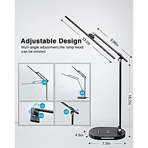 hukunos LED Desk Lamp with Wireless Charger & USB Charging Port, Architect Desk Lamps for Home Office, Bedside Table Lamp with Night Light for Work Study Reading Adjustable