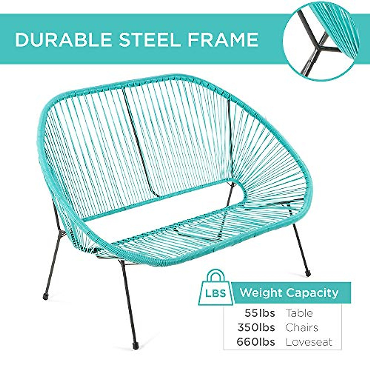 Best Choice Products 4-Piece All-Weather Acapulco Conversation Set, Outdoor Patio Furniture w/Loveseat, Woven Plastic Rope, Glass Top Table, 2 Chairs - Teal