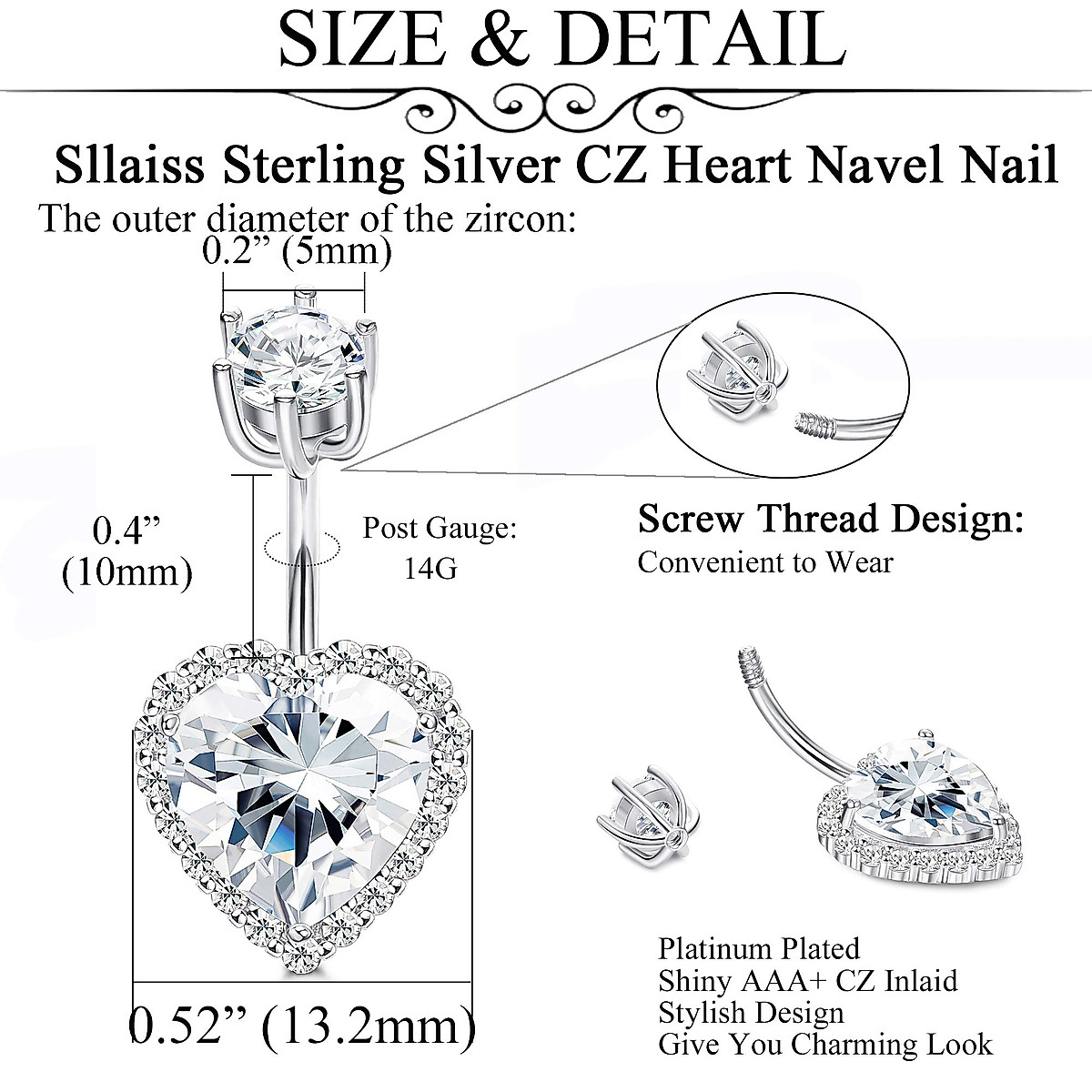 Sllaiss 925 Sterling Silver Heart Belly Button Rings for Women Men CZ Love Navel Barbell Studs Piercing Screw Navel Bars Body Piercing Jewelry 14G