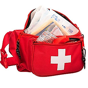 NOVAMEDIC First Aid Fanny Pack Stocked with 75 Piece Emergency Essentials, 8"x2"x6", Waist Bag w/ 3 Zippered Compartments & Adjustable Strap for Lifeguard, Hiking, Travel Men & Women, Durable, Red