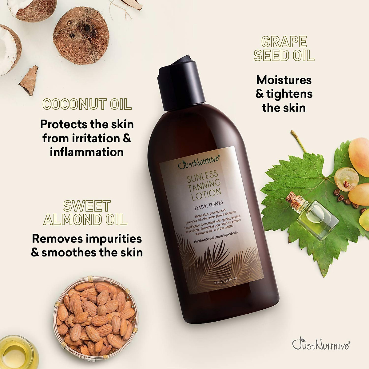 Sunless Tanning Lotion Dark Tones | Indoor Self- Tanner | Dark Tanning Lotion | Body Tanning Lotion | Sun Kiss Glow | Self-Tanning Lotion with Bronzer | Just Nutritive | 8 Oz