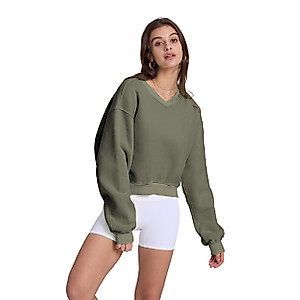 Hatant Sweatshirt for Women Acid Wash Athletic Hoodies Heritage Fleece V-neck Long Sleeve Hoodie Y2K Crop Pullover Women Sweatshirt Cotton Fleece Lined Hoodies Teen Workout Pullover Shirt Green-XL