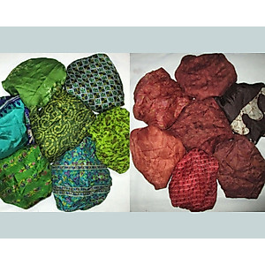 Vintage Sari Fabric 14 Pcs Brown & Green 12"*20" Silk Sari Scrap Remnants Lot for Journal Scrapbook Wrap Craft Project Jewelry Applique DIY Gift Wrap BRGR14