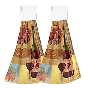 Vintage Red Wine Bottle Glass Vine Leaf Hanging Kitchen Towel 2 Pcs Hand Towel Tie Towels Set Absorbent Dish Cloths Tea Bar Towels for Bathroom Laundry Room Decor