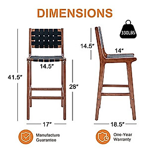 Bonzy Home 28" Woven Bar Stools Set of 2, Faux Leather Kitchen Stool Chairs with Back and Wooden Legs, Comfy Bar Chairs Bar Height Stools for Kitchen Island, Black