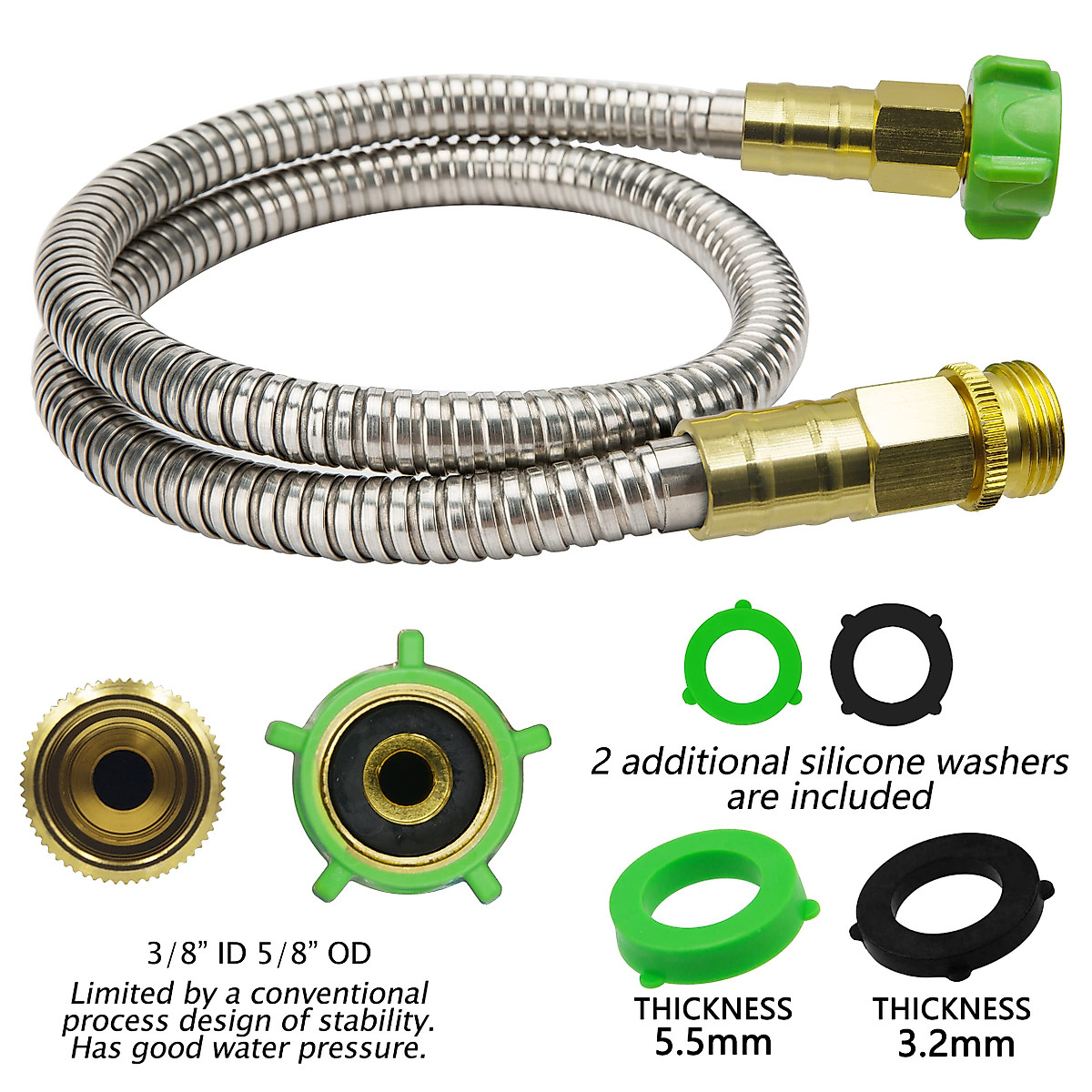YANWOO 2pcs 2ft 304 Stainless Steel Short Garden Hoses with Female to Male Metal Connector, Flexible & Lightweight & Durable Water Hose