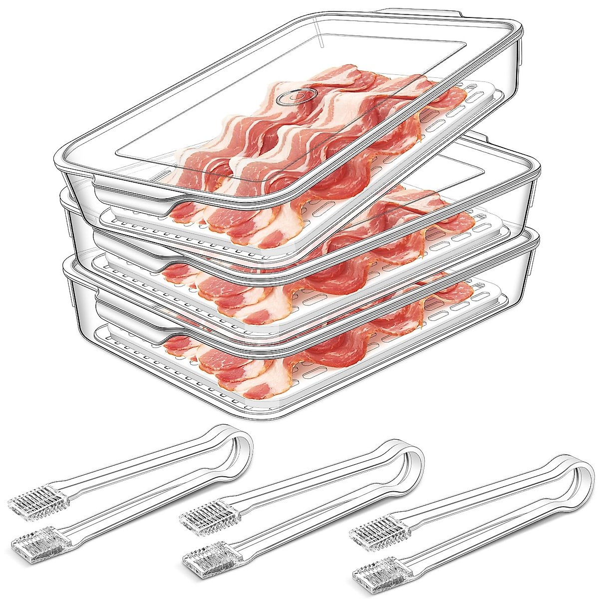 Furbeko 3 Pcs Bacon Keeper Deli Meat Container for Fridge Bacon Holder Bacon Storage Container with Lids for Refrigerator Plastic Cold Cuts Cheese Storage Organizer Bacon Saver with 3 Serving Tongs