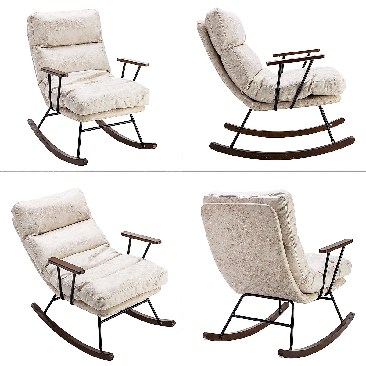 HNY Modern Rocking Chair Nursery with Wood Arms, PU Leather Overstuffed Upholstered Glider Rocker Chair with Adjustable Backrest, 22" Wide Armchair for Living Room/Bedroom/Small Space, Cream