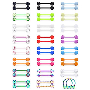 SCERRING 14G Nipple Rings Acrylic Bioflex Flexible Stainless Steel Tongue Ring Nipplerings Barbell Body Piercing Jewelry Retainer for Women Men 14mm 48PCS