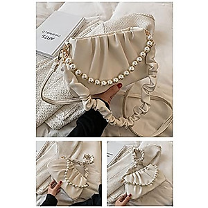 Clutch Purse Evening Shoulder Pleated Bag for Women Fashionable Tote Crossbody Handbags with Beaded Design Strap (White)