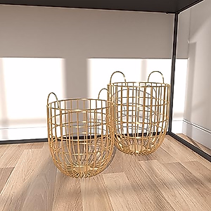 Deco 79 Contemporary Metal Round Storage Basket, Set of 2 13", 11"W, Gold