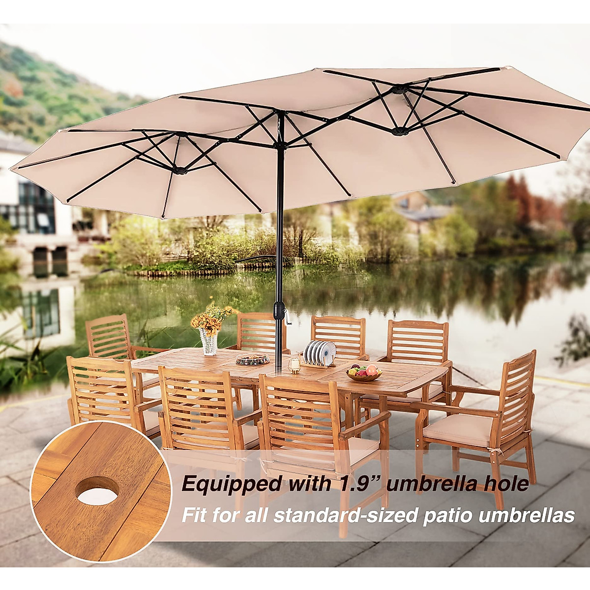 PHI VILLA 9 Pieces Acacia Wood Patio Dining Set for 8, Expandable Teak Dining Table & Wooden Chairs with Cushions, Farmhouse Dining Furniture Set for Outdoor Deck, Yard, Porch
