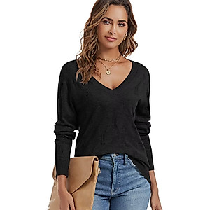 FEKOAFE Women's Long Sleeve V Neck Sweater Tops 2025 Fall Winter Trendy V Neck Casual Pullover Tops Black S