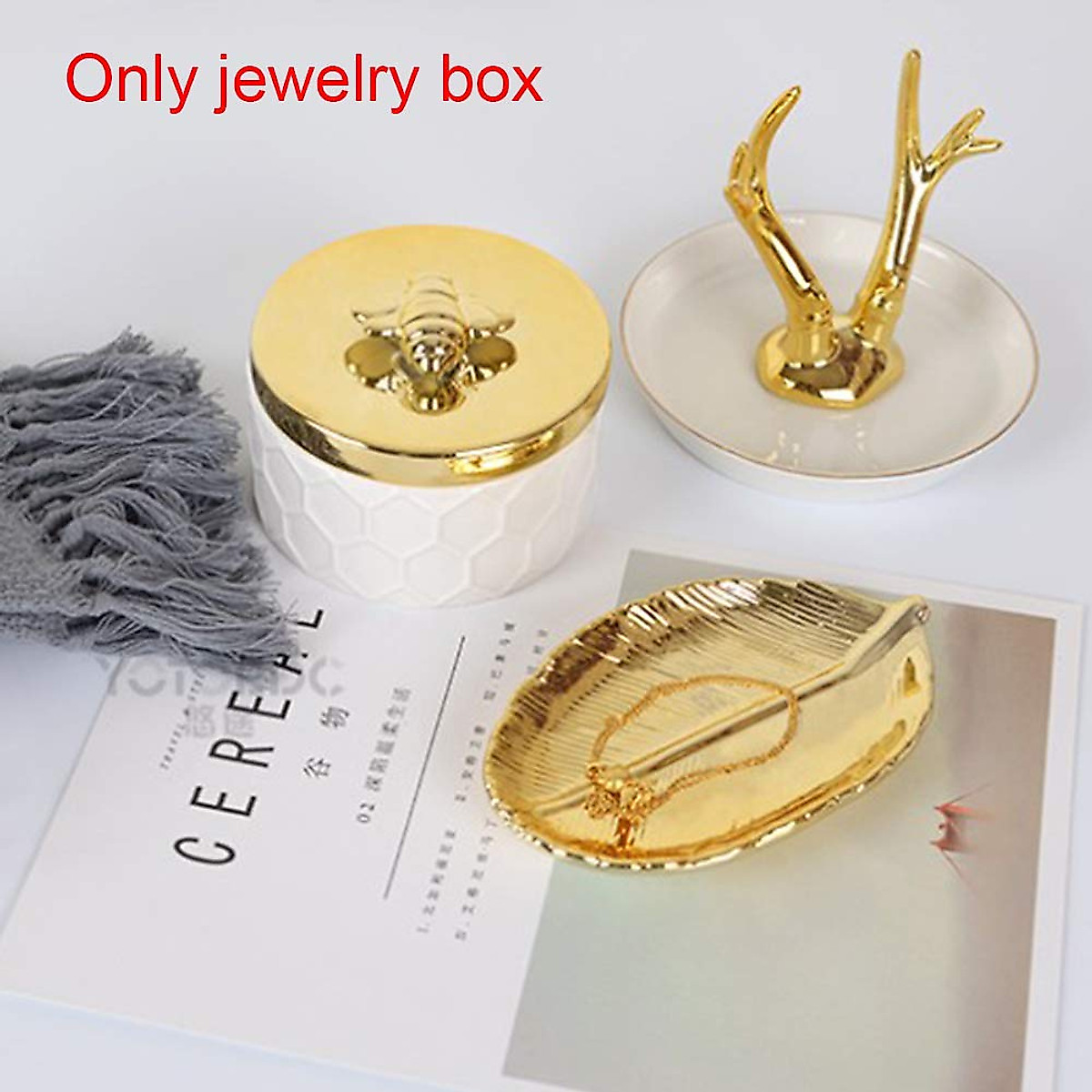iayokocc Ceramics Jewelry Box with Golden Bee Lid - Small Jewelry Trinket Storage Tank Container,Gift for Girls Women,Round Jewellery Storage Organiser Case Bowl Trinket Pot(Size:S)