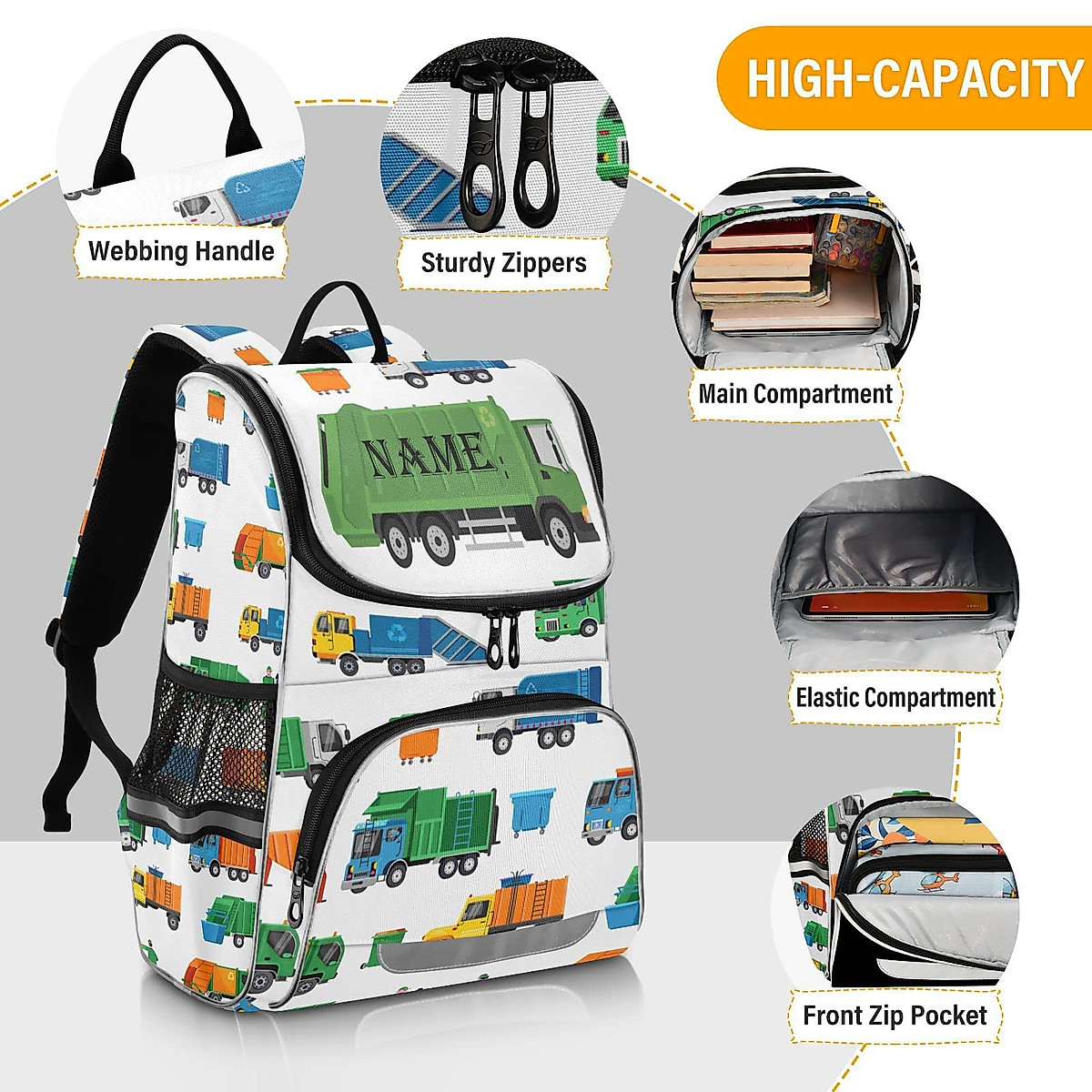 XUWU Custom Personalized Garbage Trucks Backpack with Reflective Strip for Kids Boys Girls Elementary School Bag Removable Chest Strap