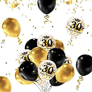 MOVINPE 30th Black Gold Birthday Party Decoration, Happy Birthday Banner, Jumbo Number 30 Foil Balloon, 2 Fringe Curtain, Latex Confetti Balloon, Table Confetti for Boy Girl Men Women Anniversary