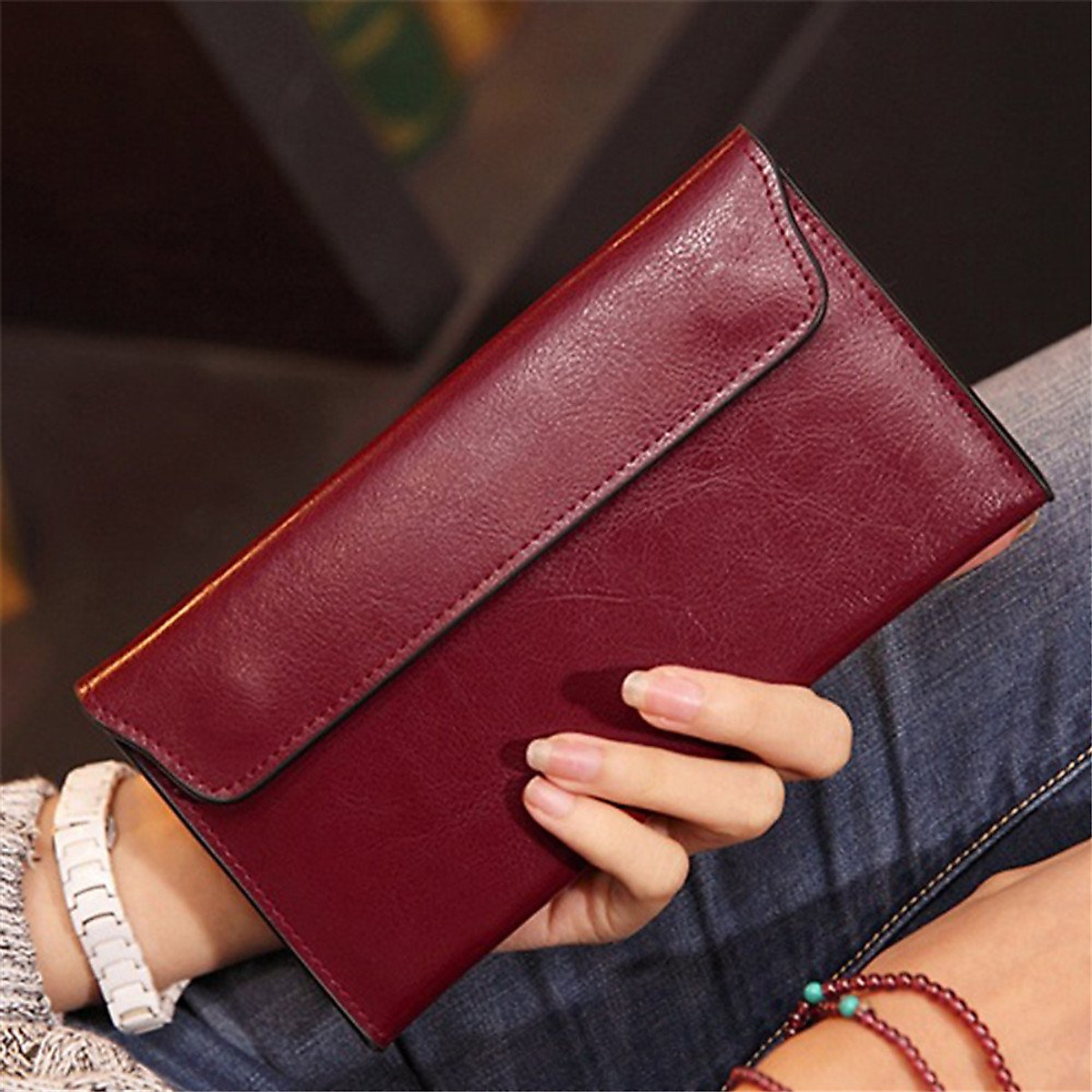 NIGEDU Women Long Wallet Genuine Cowhide Leather Cards Holder Clutch Purse Phone Bag (Wine Red)
