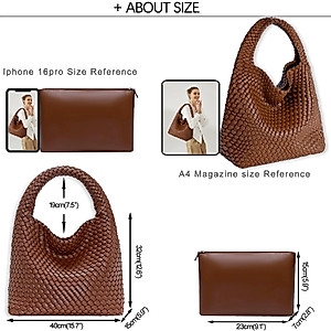 Women Vegan Leather Hand-Woven Tote Handbag Fashion Shoulder Top-handle Bag All-Match Underarm Bag with Purse (Brown)