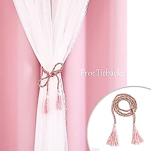 SOFJAGETQ Double Layered Blackout Pink Curtains - Princess Girls Curtains & Draperies Panels for Kids Bedroom Living Room Nursery Pink Lace Hem Room Darkening Curtains, 52x84 inches, 2 PCs