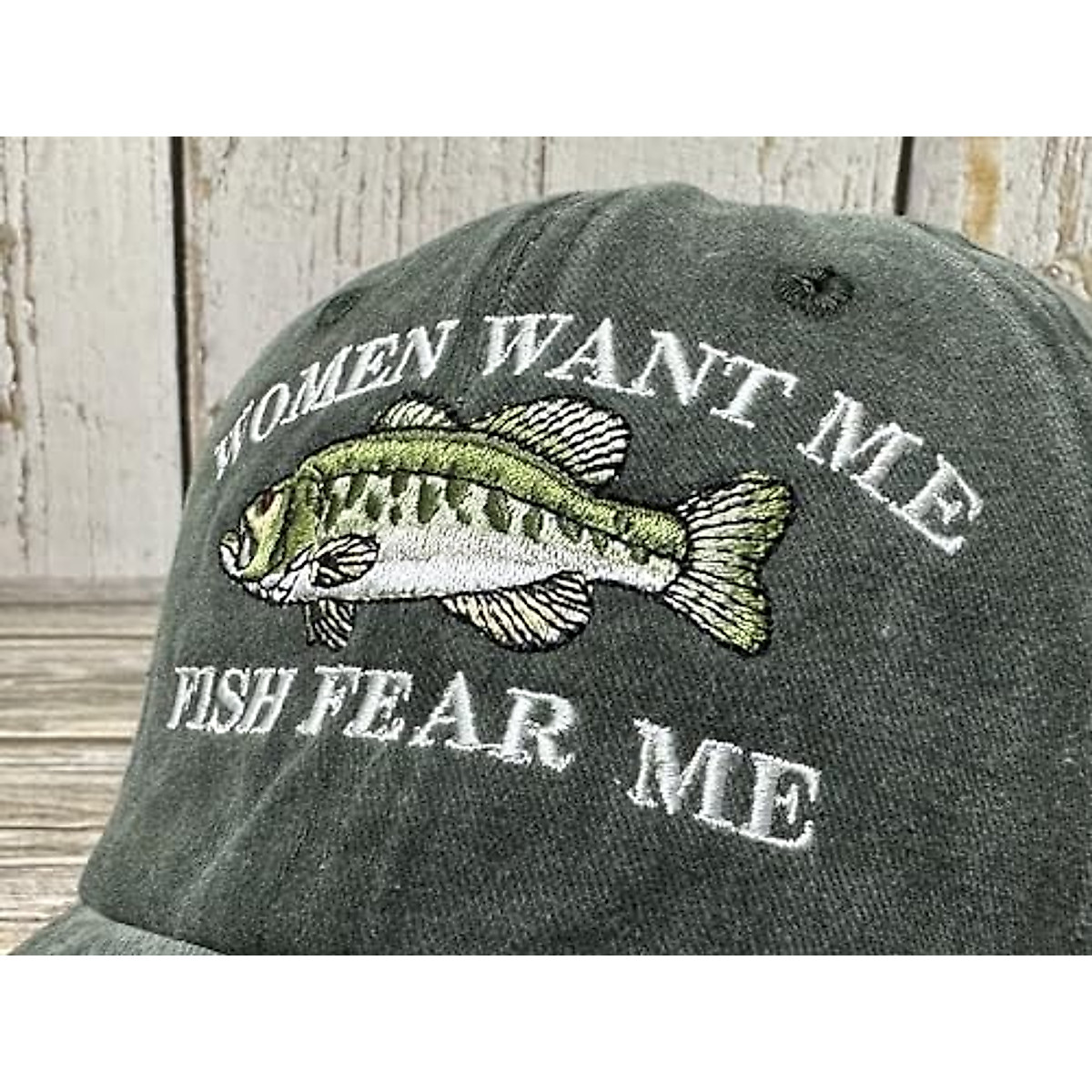 Enodtter Women Want Me Fish Fear Me Hat Trout, Fishing Gifts, Embroidered Army Green Baseball Cap for Men, Adjustable Cotton Dad Hat