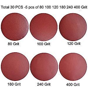 30 PCS 8-Inch NO-Hole PSA Aluminum Oxide Sanding Disc, Self Stick(5 Each of 80 100 120 180 240 400)