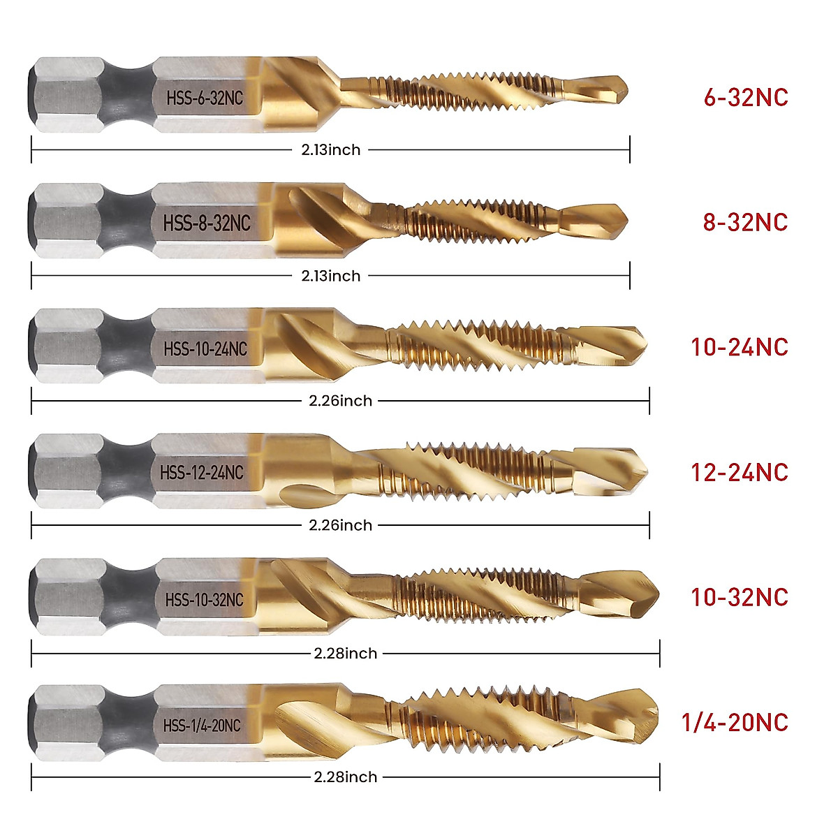 AIMLENTOOL 6PCS Combination Drill and Tap Bit Set, 3-in-1 Titanium Coated HSS Screw Tapping Bit for Drilling, Tapping and Deburring, SAE Size 6-32NC to 1/4-20NC, 1/4" Hex Shank and Storage Case