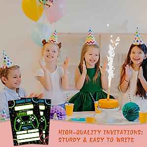 TIRYWT Neon Game Birthday Invitations with Envelopes(20-Pack), 4"x6" Video Game Style Fill-In Birthday Party Invites-yqk-b17