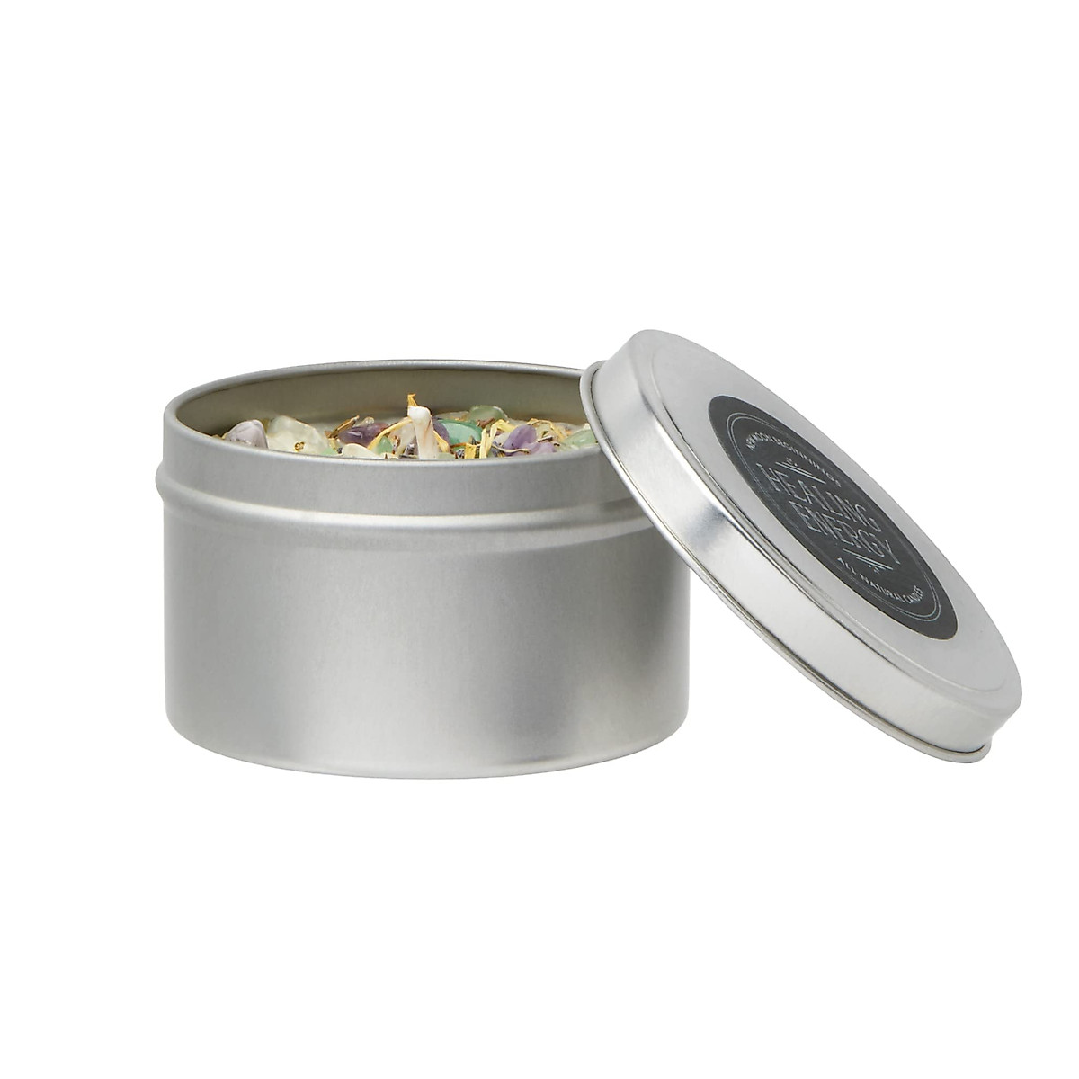 Healing Energy Candle by New Moon Beginnings - Negative Energy Cleansing - Soy Aromatherapy Candle - Handmade Candle with Crystals & Herbs - Energy Healing Candle - 8oz Tin