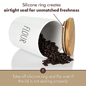 Arthausen White Ceramic Storage Jar Canister for Flour - Airtight Bamboo Lid w/Silicone Seal, Spoon - Modern Abstract Art Design for Kitchen Counter or Bathroom - 4 cup / 1080mL