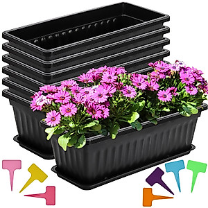 Fasmov 7 Pack 17 Inches Flower Window Box Plastic Vegetable Planters with Trays Vegetables Growing Container Garden Flower Plant Pot with 7 Pcs Plant Labels for Balcony, Patio, Garden, Black