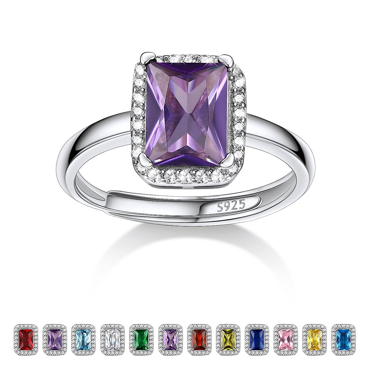 Bestyle 925 Sterling Silver Square Crytsal Cubic Zirconia Rings | Classic Silver February Amethyst Crystal Birthstone Rings for Women, Great Birthday Gift for Daughter/Wife/Mom/Grandma
