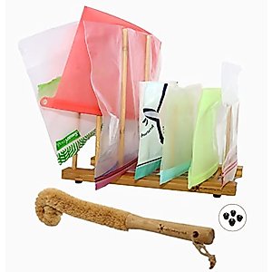 altCooking Hub Bamboo Plastic Bag Drying Rack & Bamboo Bottle Brush - Multipurpose Dish Drying Rack for Silicone Reusable Bags, Baby Bottles, Water Bottles, Plates, Wine Glasses