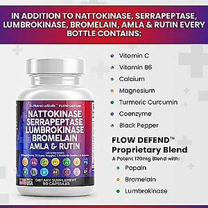 Nattokinase 4000 FU Serrapeptase 120000 SPU Lumbrokinase Enzyme Supplement with Bromelain Papain Papaya Enzymes Rutin Extract Amla Magnesium Vitamin B6 & VIT C Capsules Pineapple Pills Made in USA