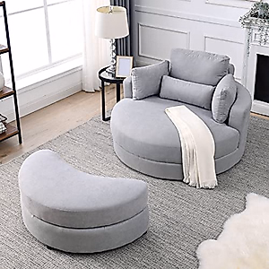 FULife Oversized Swivel Accent Barrel Chair with Storage Ottoman+4 Pillows,Comfy Upholstered 360 Recliner Sofa Club Chaise Leisure Round Loveseat Lounge Armchair for Living Room/Hotel/Nursery