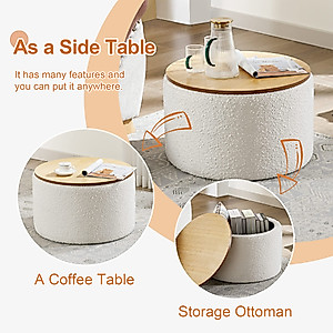 ONEVOG Large Ottoman Round Storage Ottoman with Wooden Lid, Living Room Round End Table No Assembly Required, Durable Boucle Fabric, Multipurpose End Table Support 300lbs