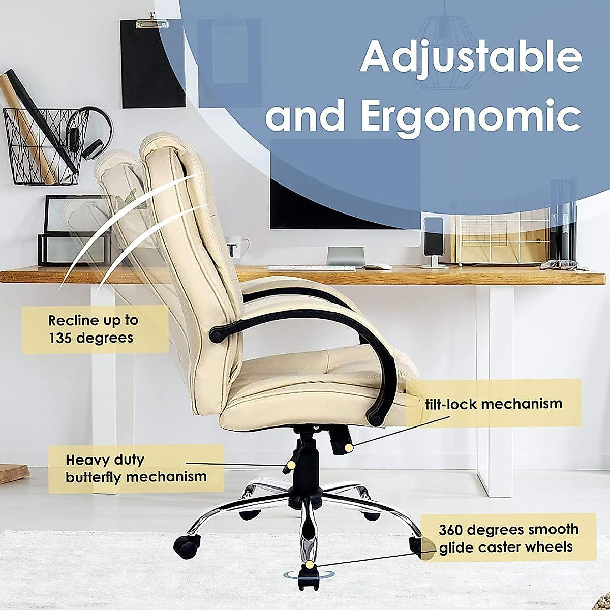 Halter Large Computer Desk Chair with Lumbar Support and Padded Arm Rests, Ergonomic Swivel Chairs, Comfortable Study Gaming Chair, Adjustable Home Office Chair, Rolling Executive Leather Chair, Beige
