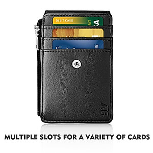 ELV Badge Holder with Zipper, PU Leather ID Badge Card Holder Wallet with 5 Card Slots, 1 Side RFID Blocking Pocket and 20 inch Neck Lanyard Strap for Offices ID, School ID, Driver Licence (Black)